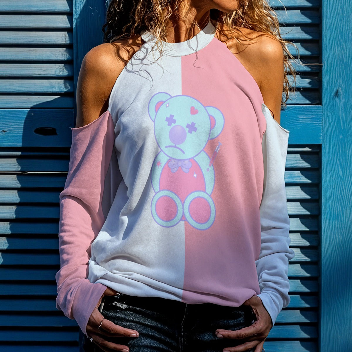 Pastel Teddy Cold Shoulder Sweatshirt – High Neck Cute Top – Kawaii Heaven