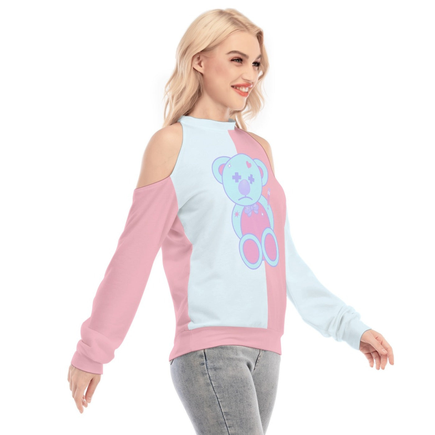 Pastel Teddy Cold Shoulder Sweatshirt – High Neck Cute Top – Kawaii Heaven